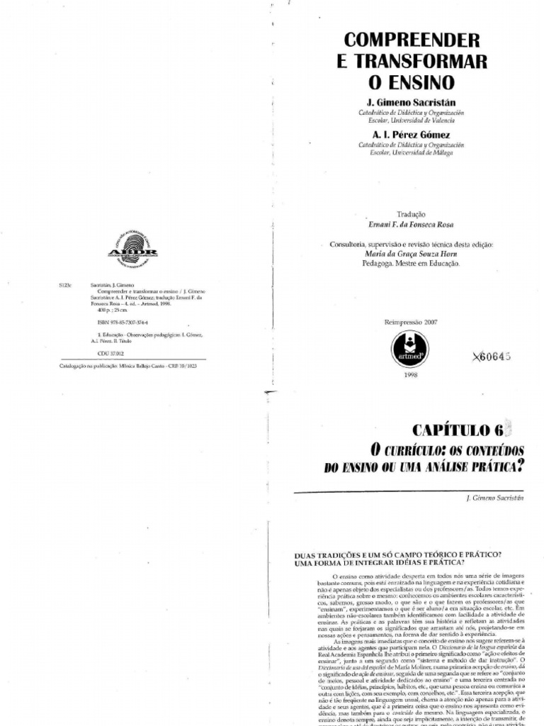 Capítulo 6 - Compreender e Transformar o Ensino - Sacristán | PDF