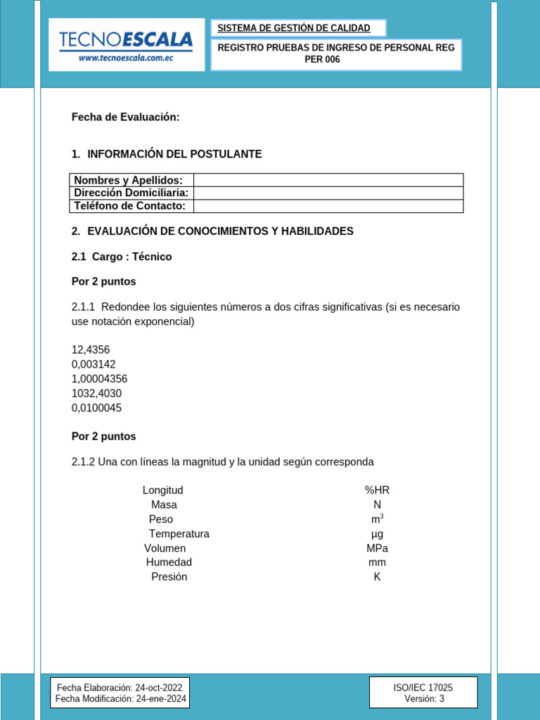 Reg Per 006 Registro Pruebas de Ingreso de Personal Tecnico | PDF
