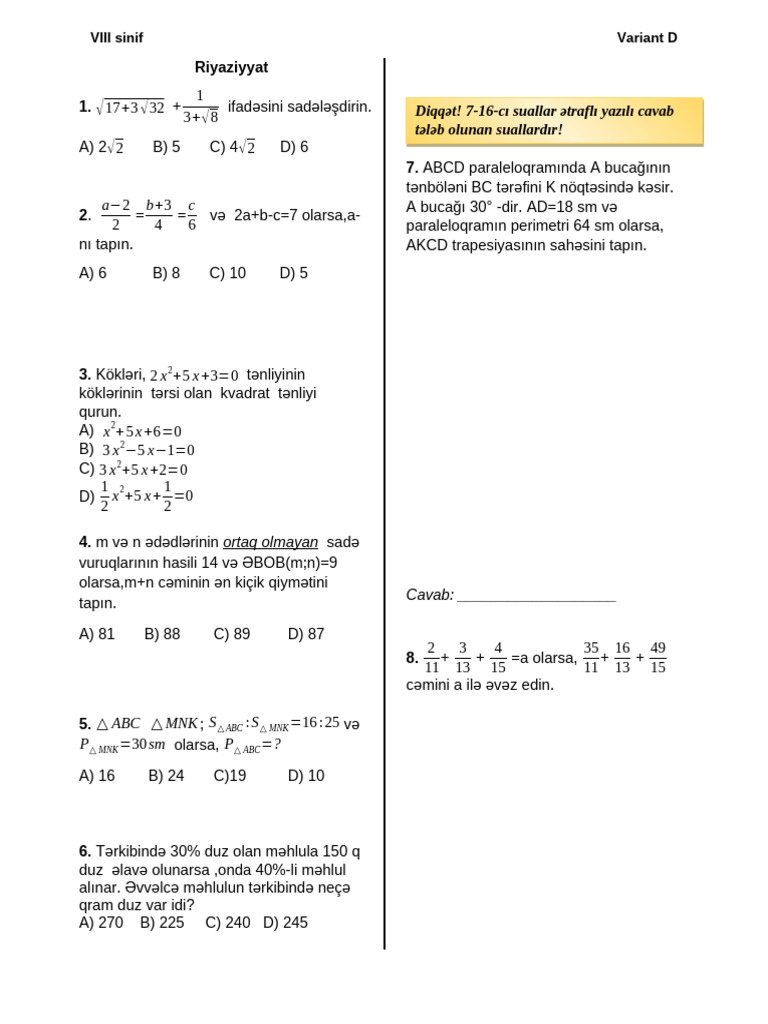 Monitorinq Sualları 8 Ci Sinif D Variantı | PDF