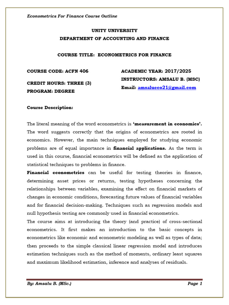 for Finance Course outline | PDF | Econometrics | Regression Analysis