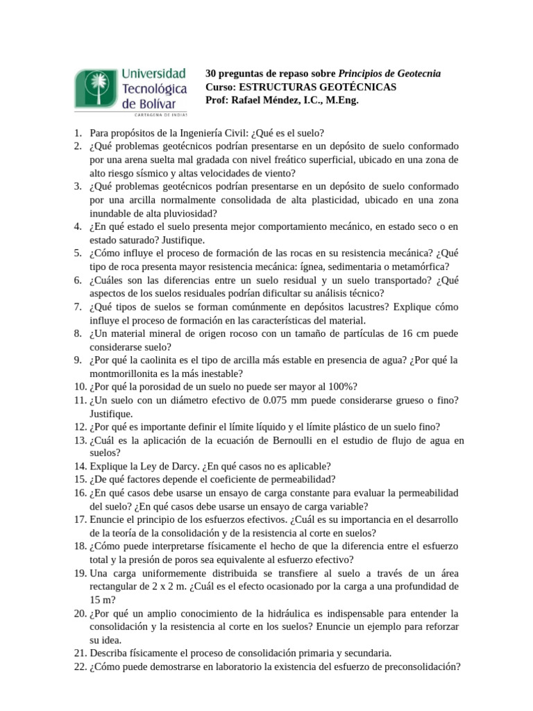 30 Preguntas Sobre Principios de Geotecnia | PDF | Roca (geología) | Roca ígnea