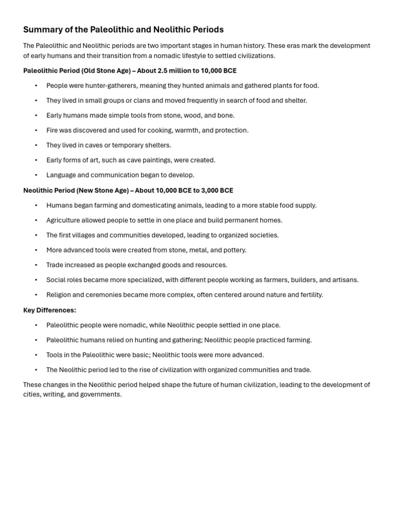 Summary of The Paleolithic and Neolithic Periods | PDF