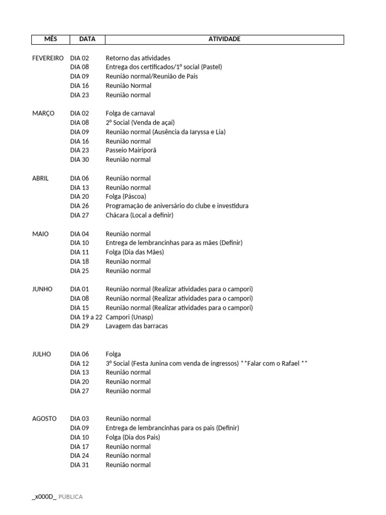 Calendario Clube Desbravadores Formatado | PDF