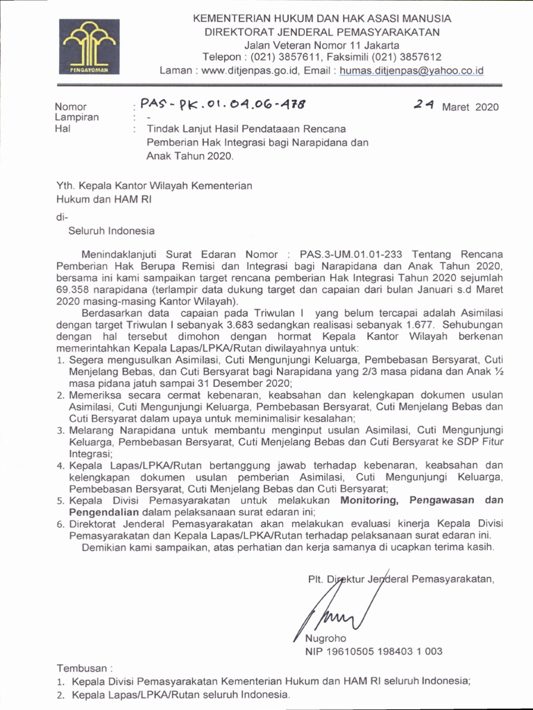 2020 - 01 Surat Tindak Lanjut Pendataan Rencana Pemberian Hak Integrasi ...