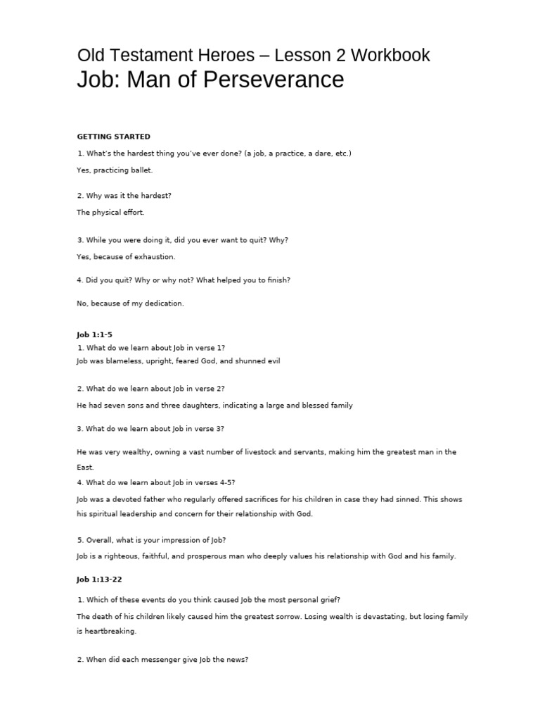Old Testament Heroes - Lesson 2 Workbook Job Man of Perseverance | PDF ...