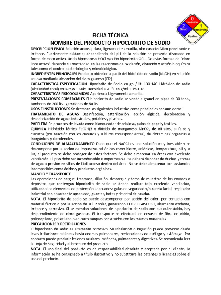 Ficha Técnica Cloro | PDF | Cloro | Sustancias químicas