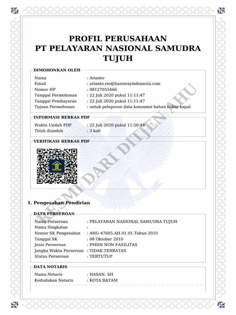 Dirjen AHU Profil Perusahaan PT. Pelayaran Nasional Samudra Tujuh 2020 (Company Profile) | PDF