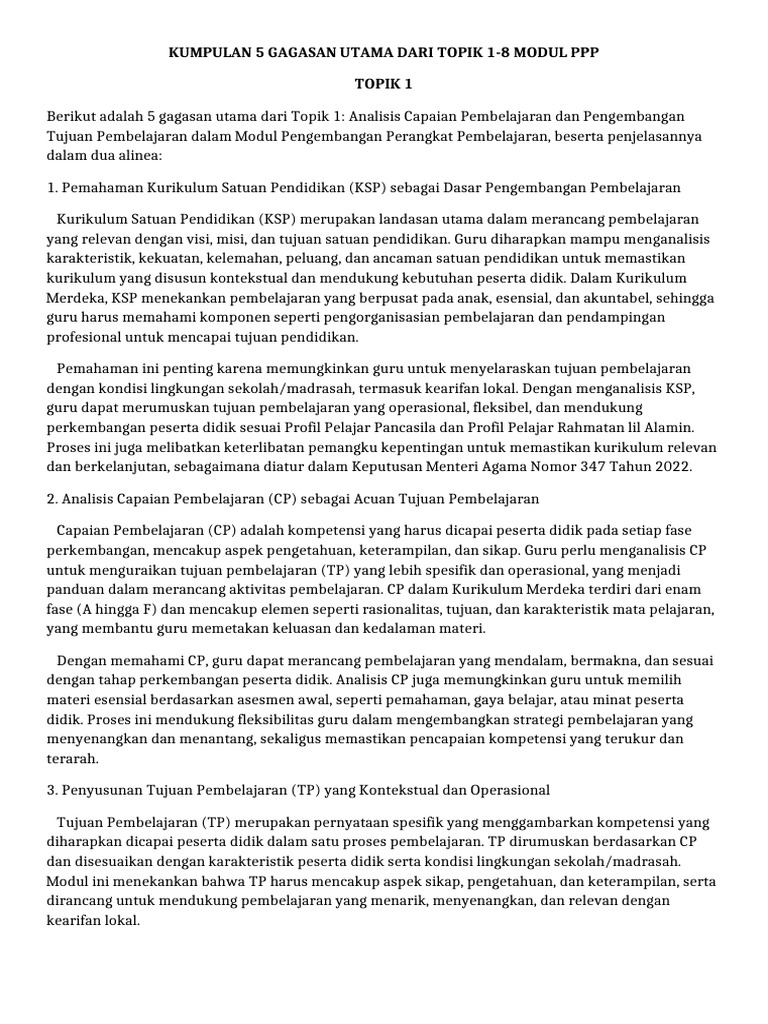 Kumpulan 5 Gagasan Utama Topik 1-8 (Modul PPP) | PDF