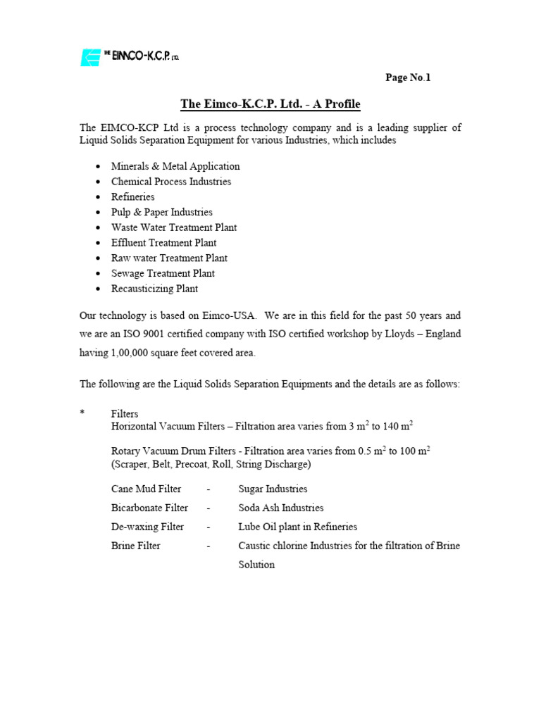 Eimco KCP Updated Profile 2024 | PDF | Filtration | Sewage Treatment