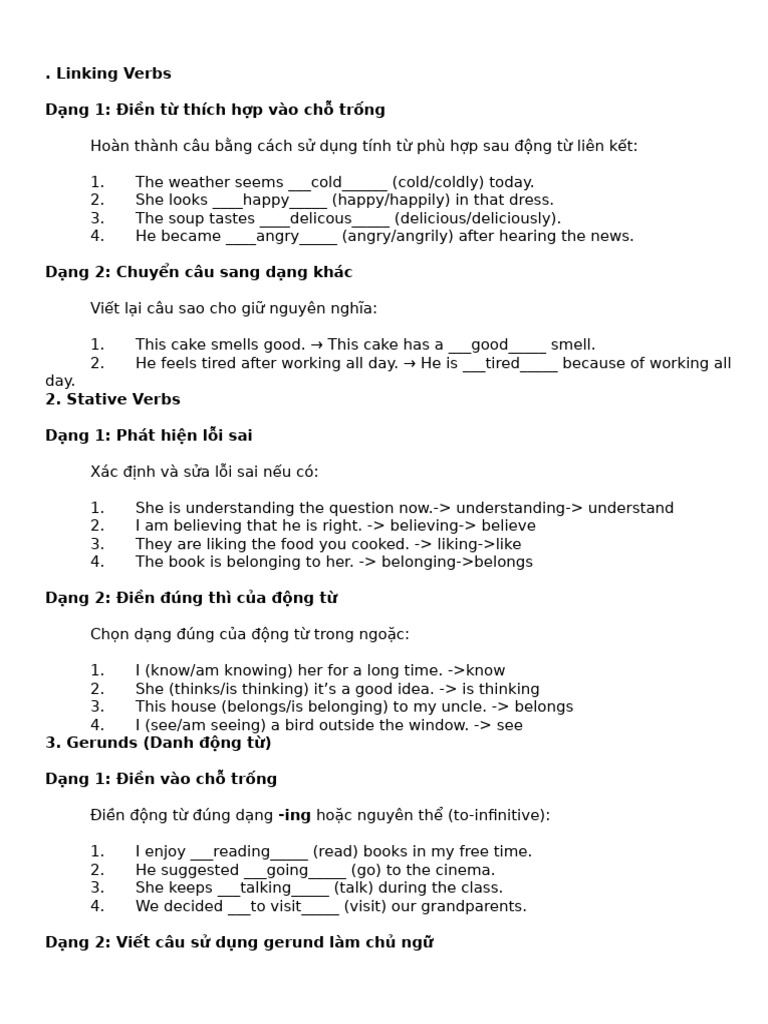 Linking Verbs Stative Verbs | PDF