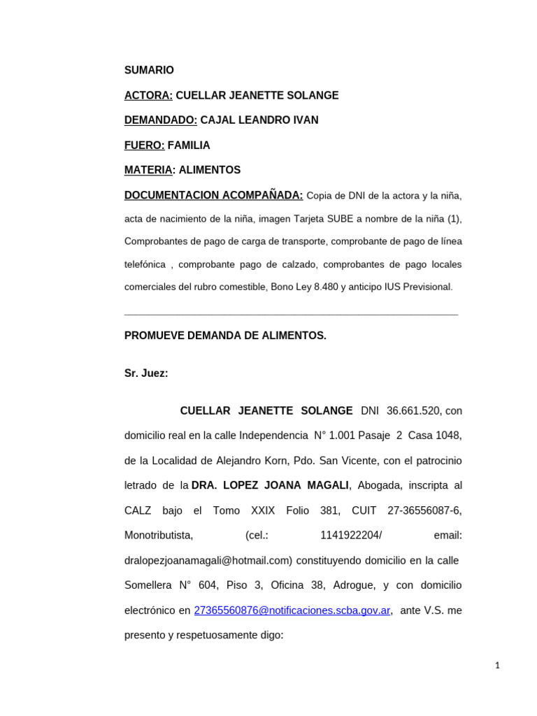 Demanda de Alimentos para Jennifer | PDF | Pensión alimenticia