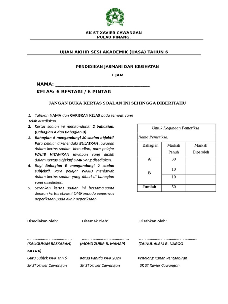 Format Muka Depan Exam SXC (UPSA Dan UASA) | PDF