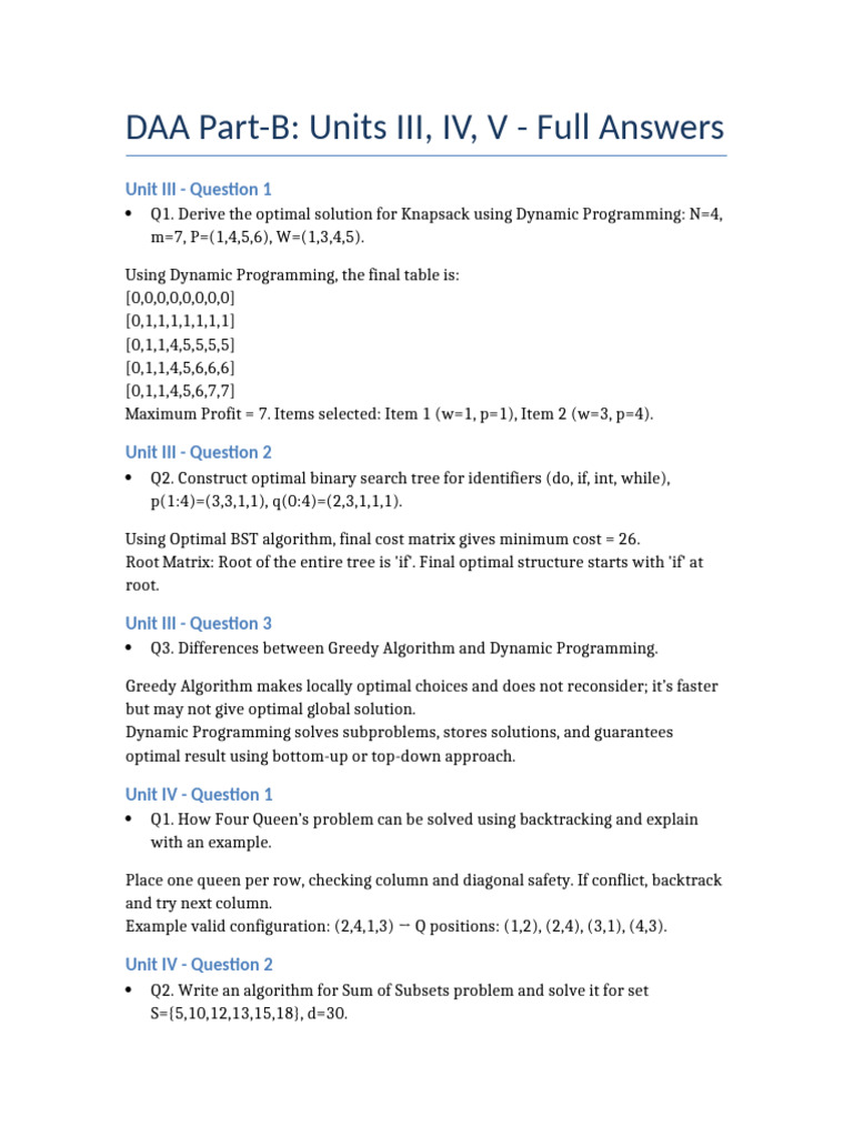 DAA Units III IV V Full PartB Answers | PDF | Dynamic Programming | Discrete Mathematics