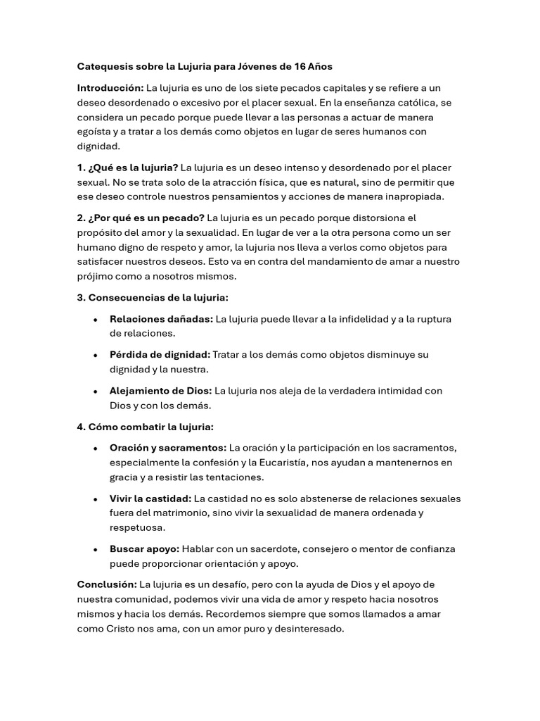Catequesis sobre la Lujuria en Jóvenes | PDF