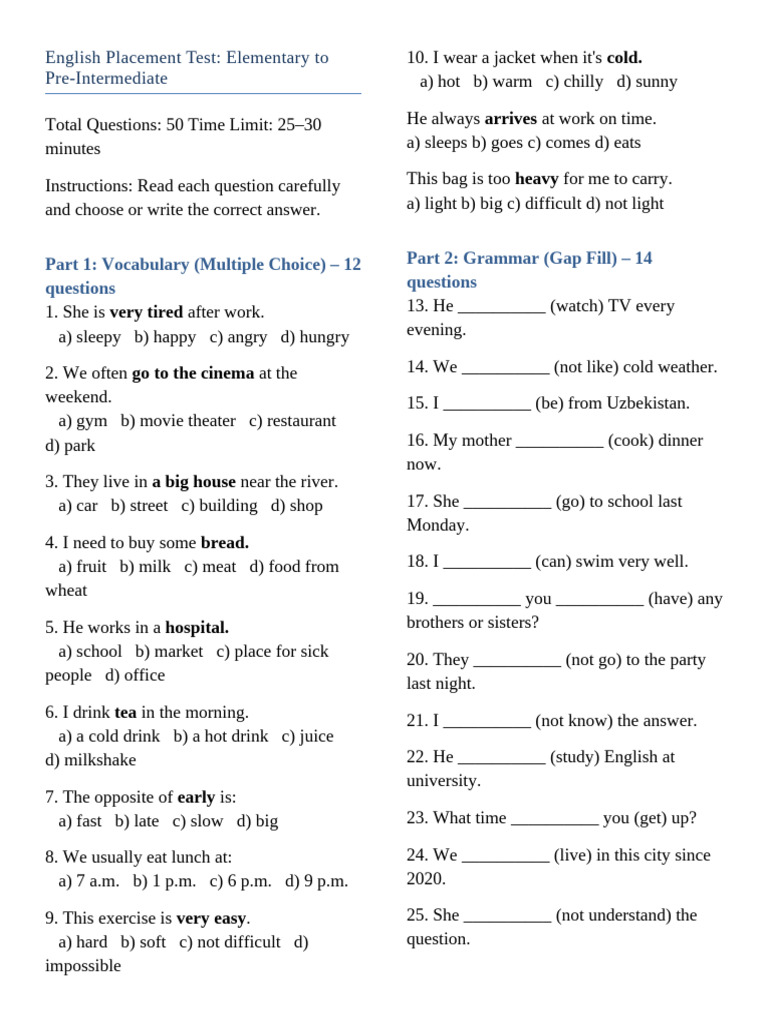 English Placement Test 50 Questions | PDF