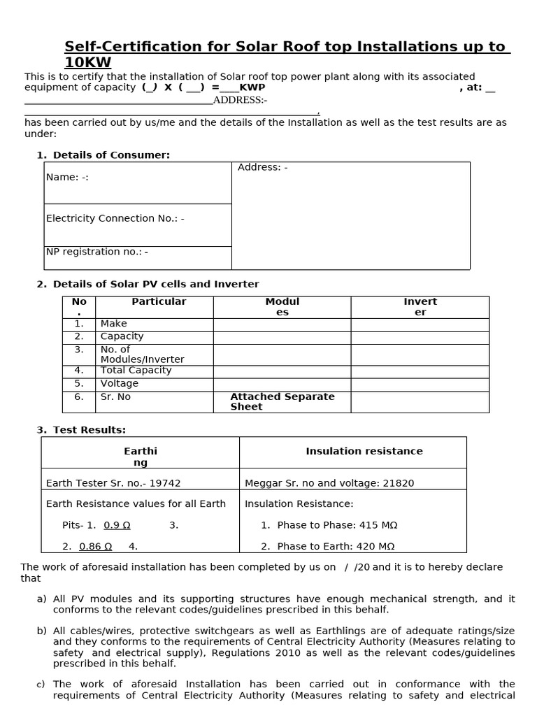 Self Certy Formate | PDF | Insulator (Electricity) | Photovoltaic System