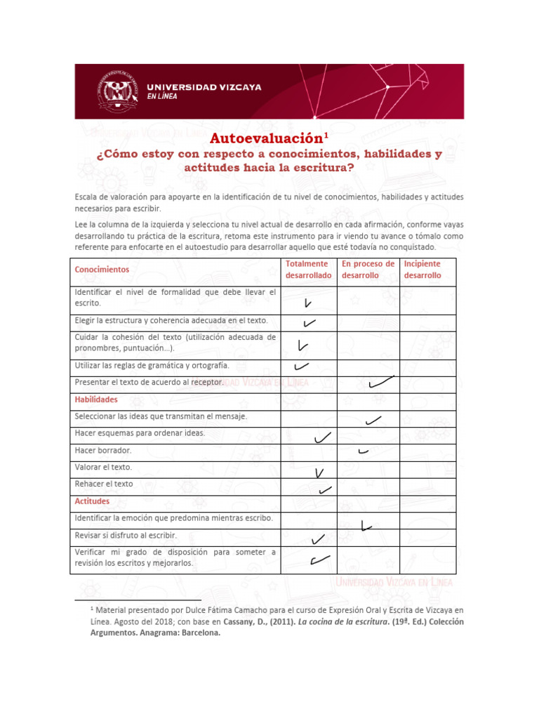 Autoevaluación de Escritura: Conocimientos y Habilidades | PDF