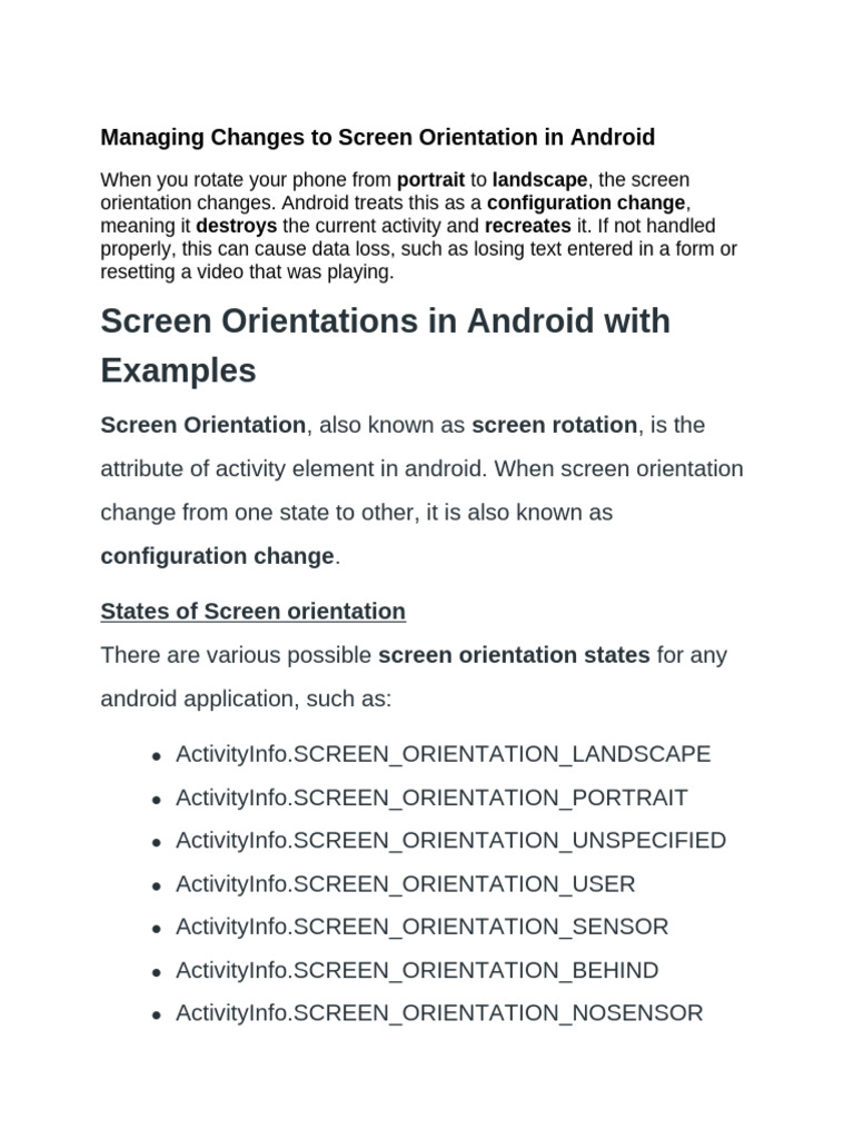Managing screen orientation | PDF | Xml | Android (Operating System)
