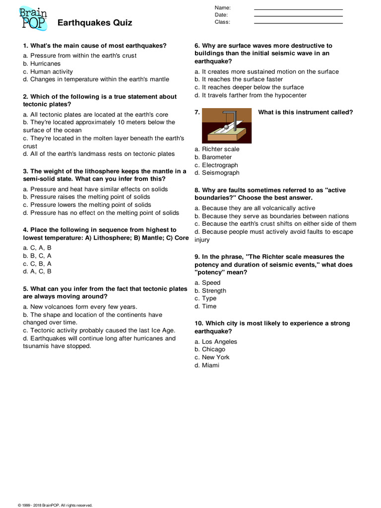 BrainPOP Earthquakes Quiz | PDF | Earthquakes | Plate Tectonics