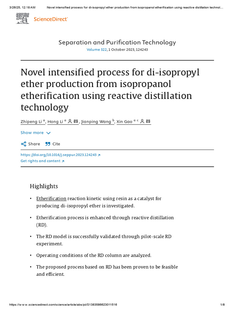 Novel intensified process for di-isopropyl ether production from ...