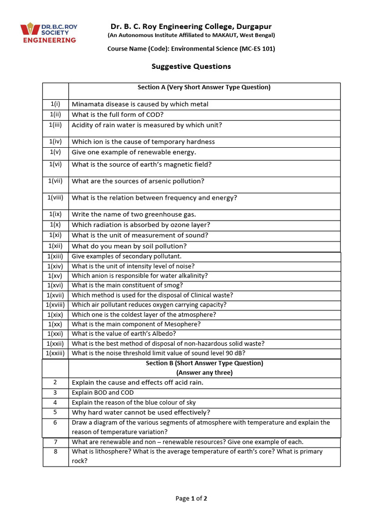 MC-ES101 Suggested Questions | PDF | Water | Waste