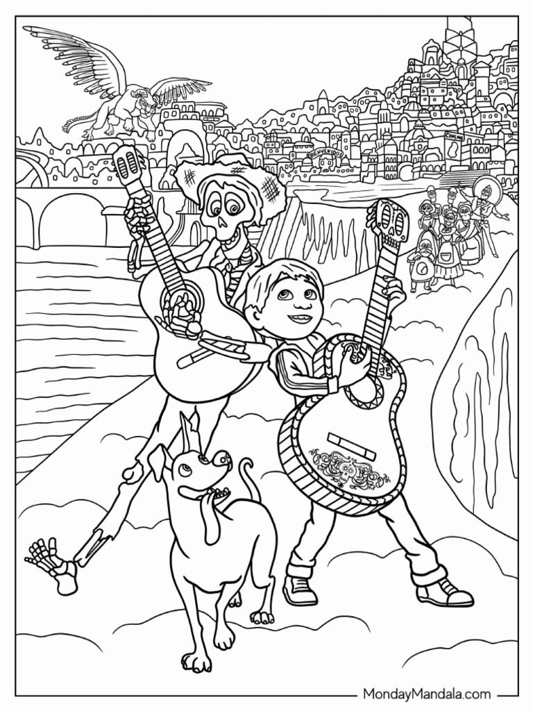 Coco Hector and Miguel Playing Guitar Coloring Sheet | PDF