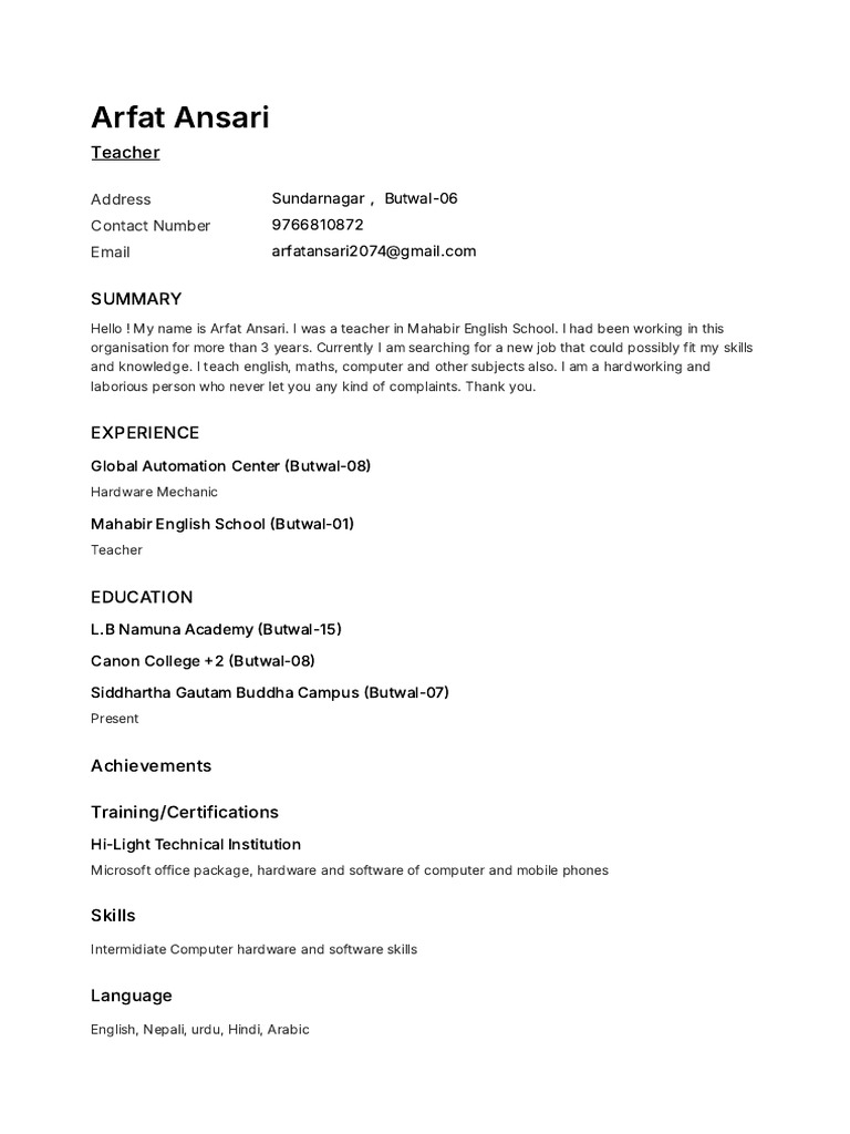 Arfat Ansari CV | PDF