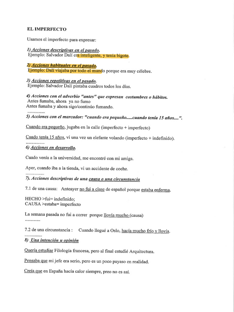 El Preterito Imperfecto de Indicativo - Notes | PDF