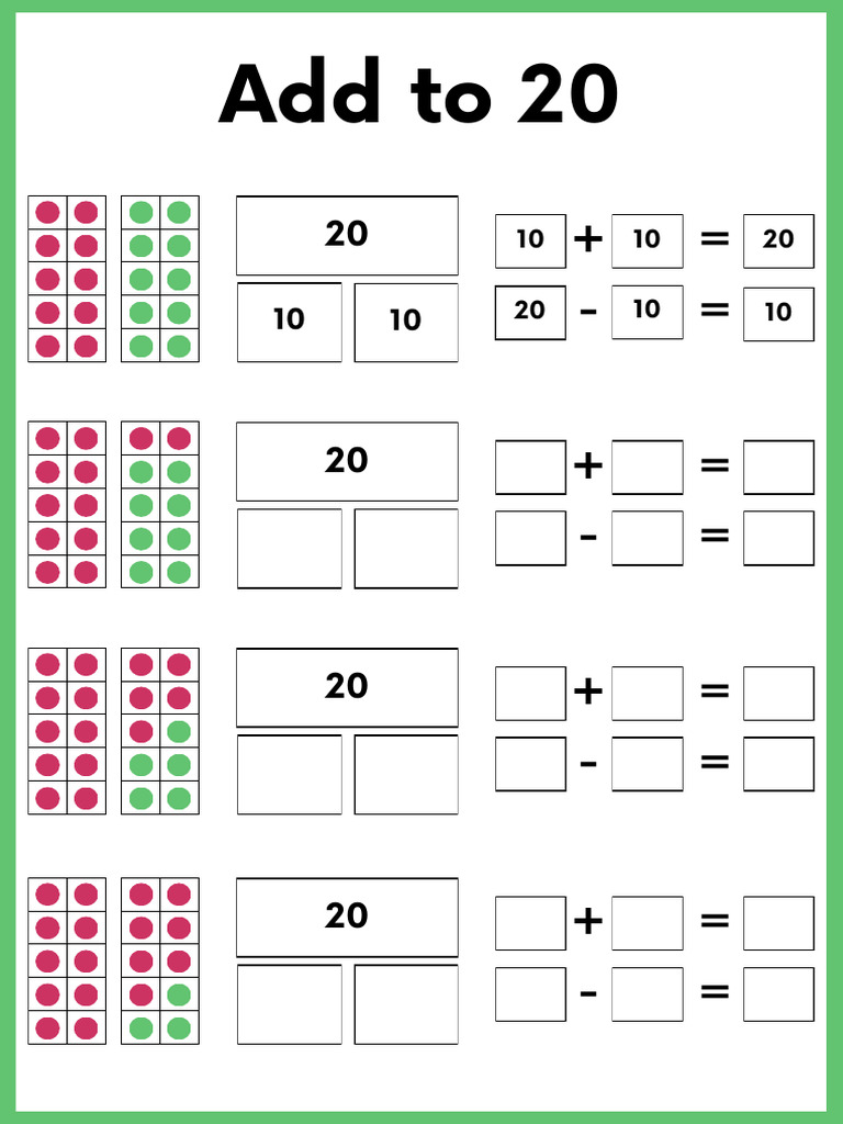 Add To 20 Digital Worksheet in Red Green Bold Style | PDF