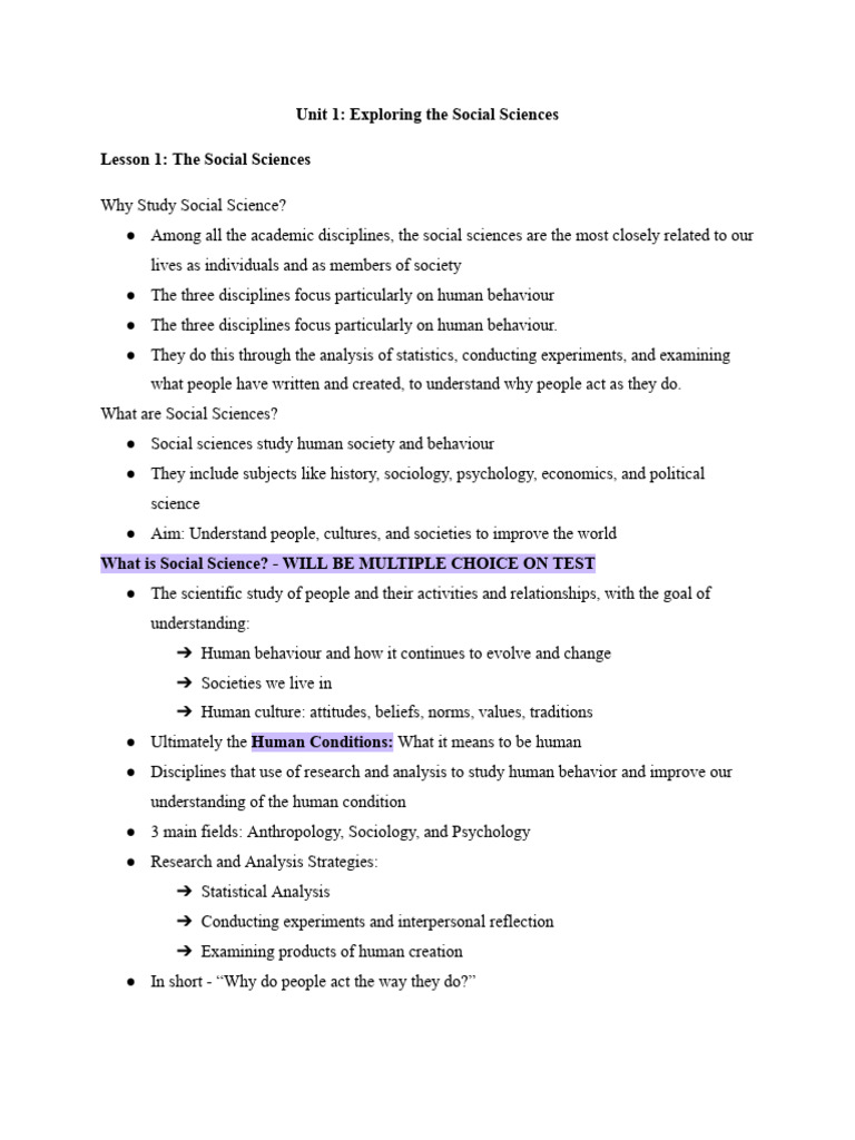 Unit 1 - Exploring The Social Sciences - Test Review | PDF ...