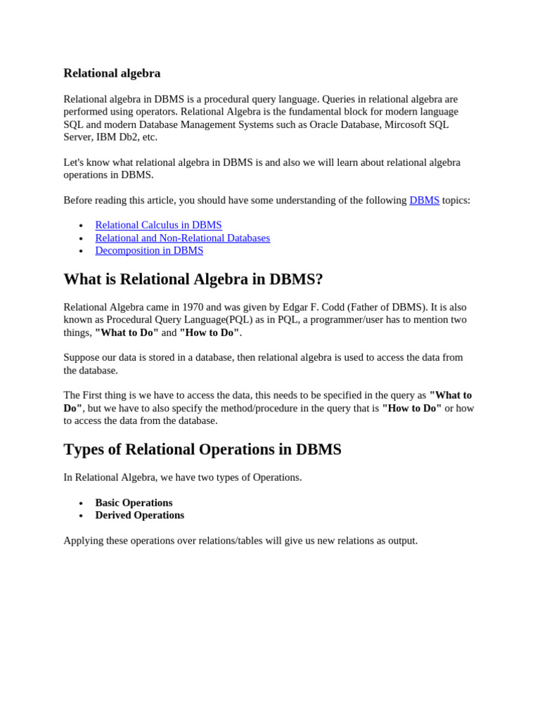Relational Algebra in DBMS | PDF | Relational Model | Relational Database