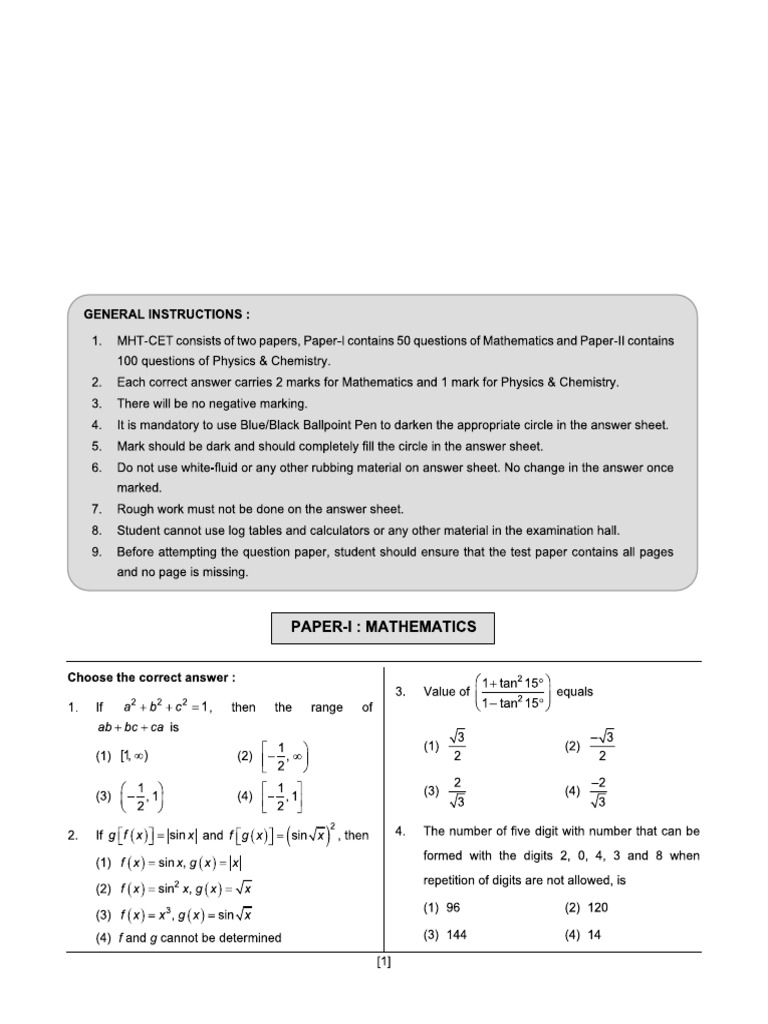 MHT-CET Mock Test Resources | PDF