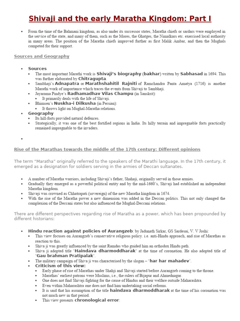 Shivaji and The Early Maratha Kingdom Part I | PDF