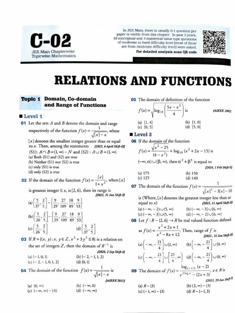 Functions Relations Pyqs Till Main 2024 1 | PDF | Function (Mathematics) | Integer