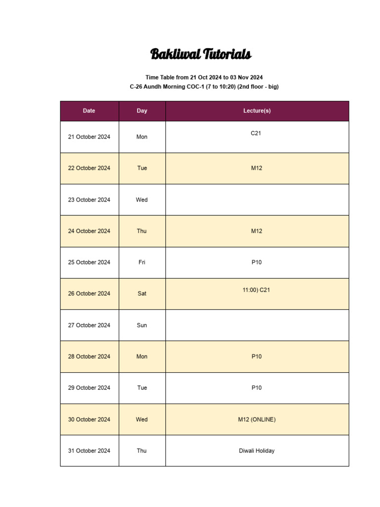Bakliwal Tutorials Time Table: Oct-Nov 2024 | PDF
