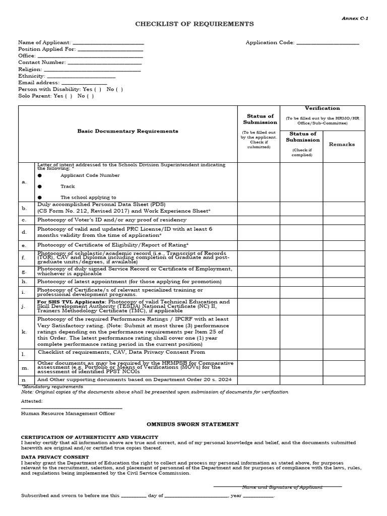Annex C-1 Requirements Checklist | PDF