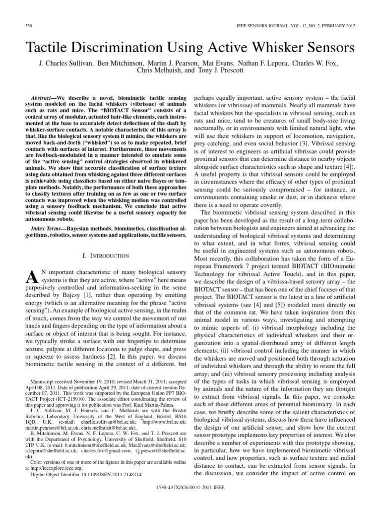 Tactile Discrimination Using Active Whisker Sensors | PDF