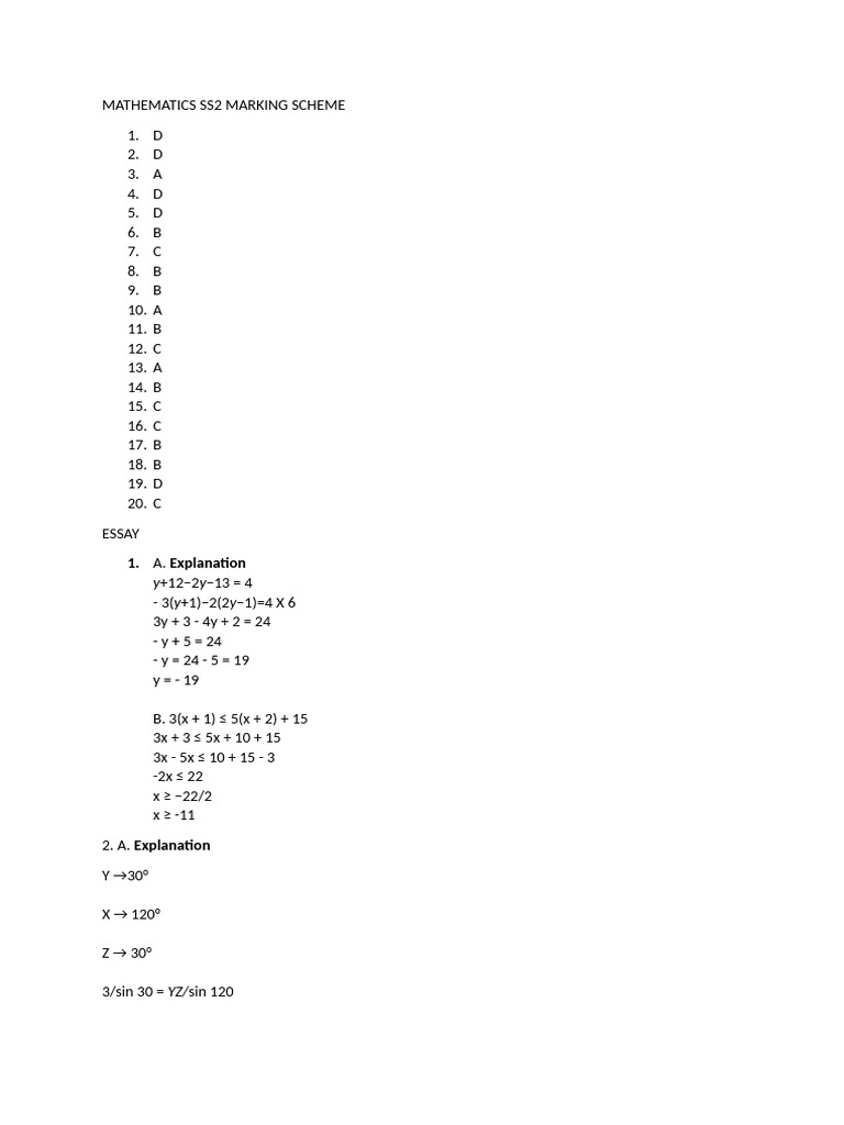 Mathematics SS2 Marking Scheme | PDF