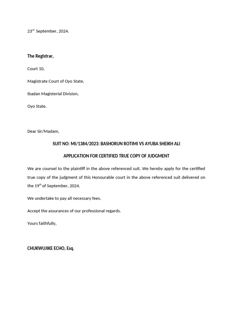 Application for Certified True Copy of Judgment | PDF