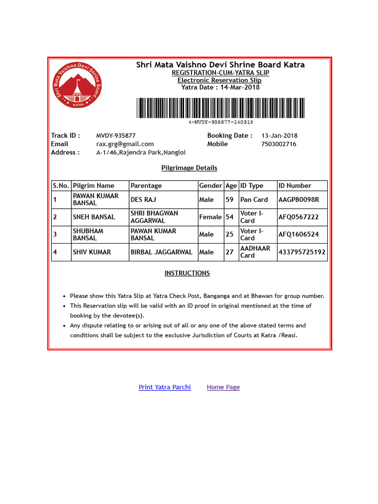 Shri Mata Vaishno Devi Shrine Board - Yatra Parchi Services | PDF