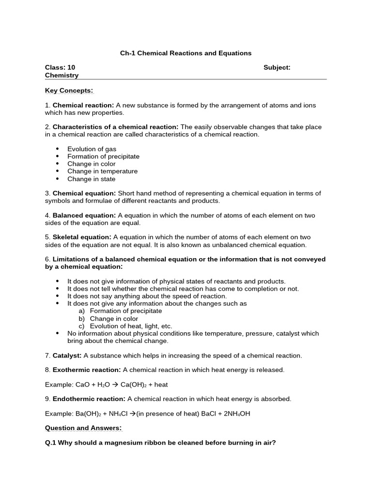 Chemistry Chemical Reactions and Equations Notes | PDF | Redox ...
