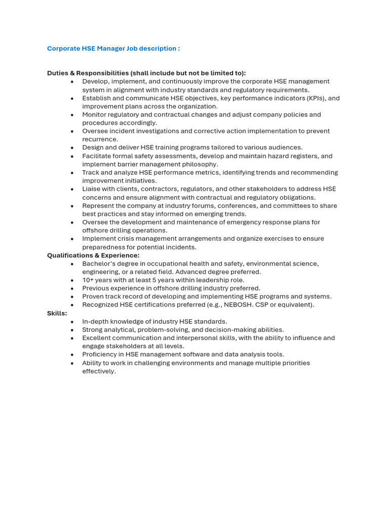 Hse Manager Job Description Resume Skills For Safety Manager