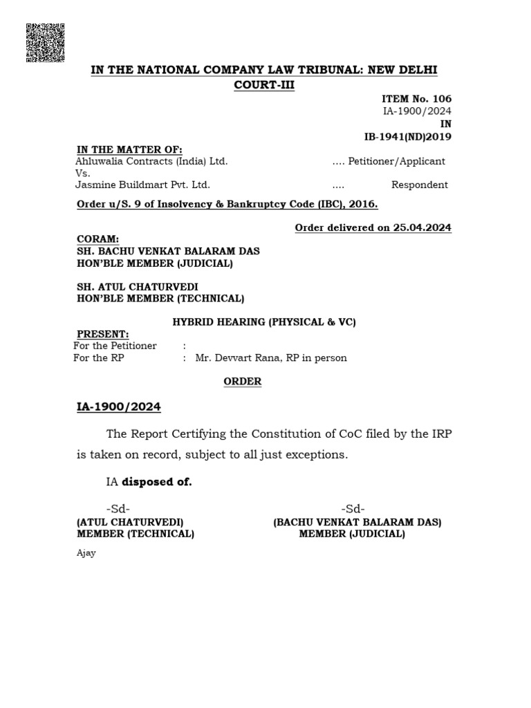 NCLT Order - 25.04.2024 - COC | PDF