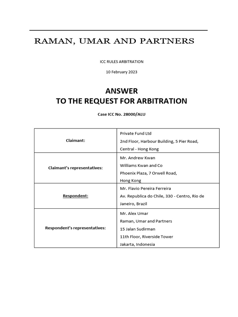 Mock Arbitration Reading No. 2 - Answer To Request For Arbitration | PDF | Arbitration | Copyright