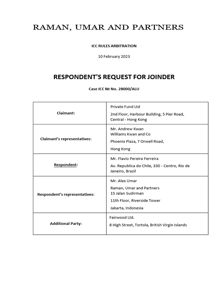 ICC Arbitration Request for Joinder | PDF | Guarantee | Arbitration