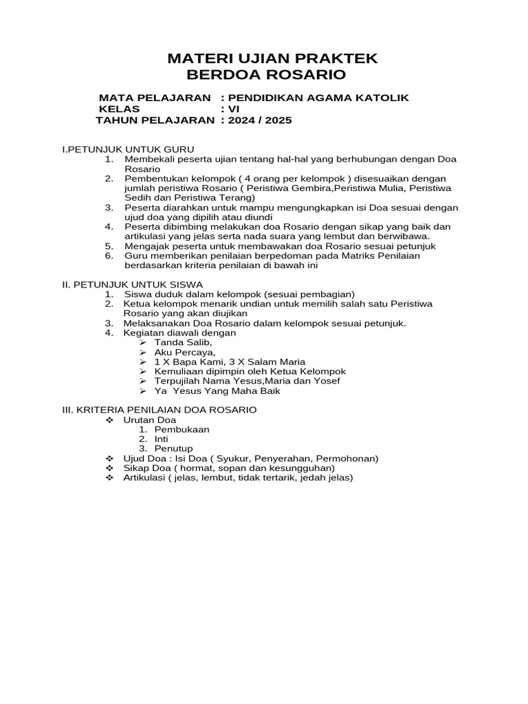 Materi Ujian Praktek Agama Katolik Doa Rosario 2023 | PDF