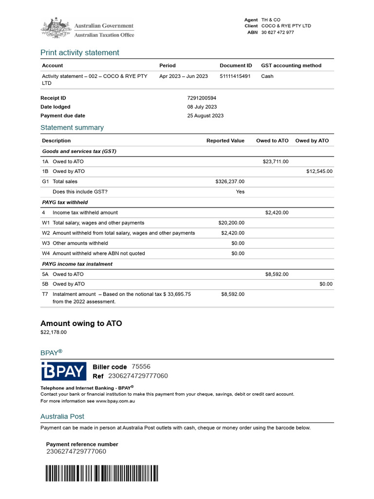 BAS Statement Coco Rye Artisan Bakery Cafe April June 2023 | PDF ...