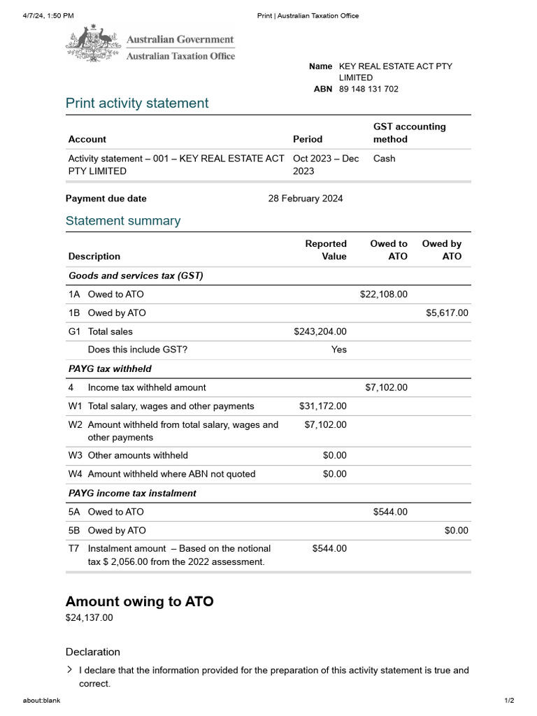 BAS Statement Peter Morrell Real Estate Dec 2023 | PDF | Economies | Taxes