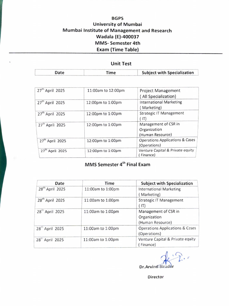 MMS Semester 4 Exam Timetable 2025 | PDF