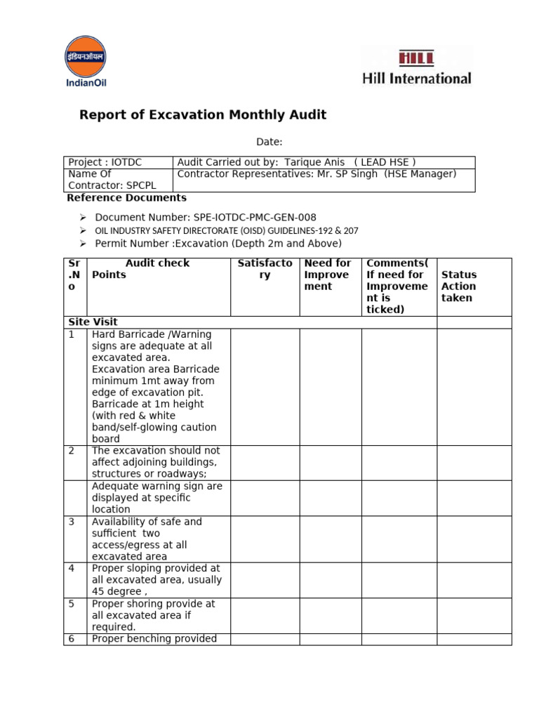 Excavation Audit Sheet | PDF | Safety